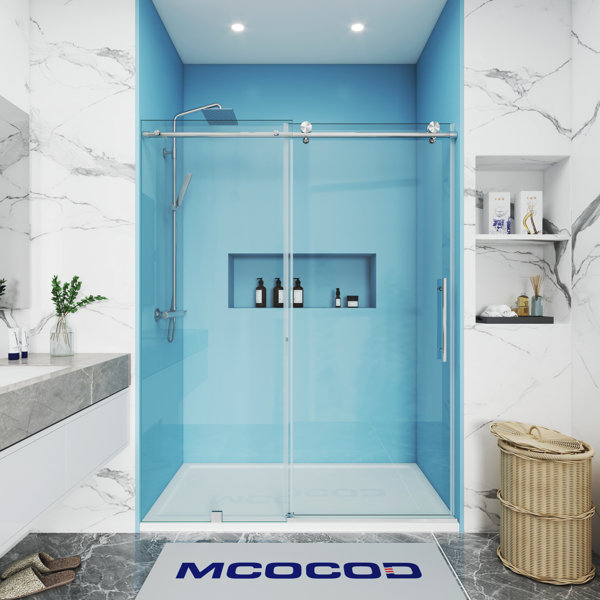 MCOCOD 56" - 60" W x 72" H Single Sliding Frameless Soft Closing Shower Door with 5/16 in. Clear ...